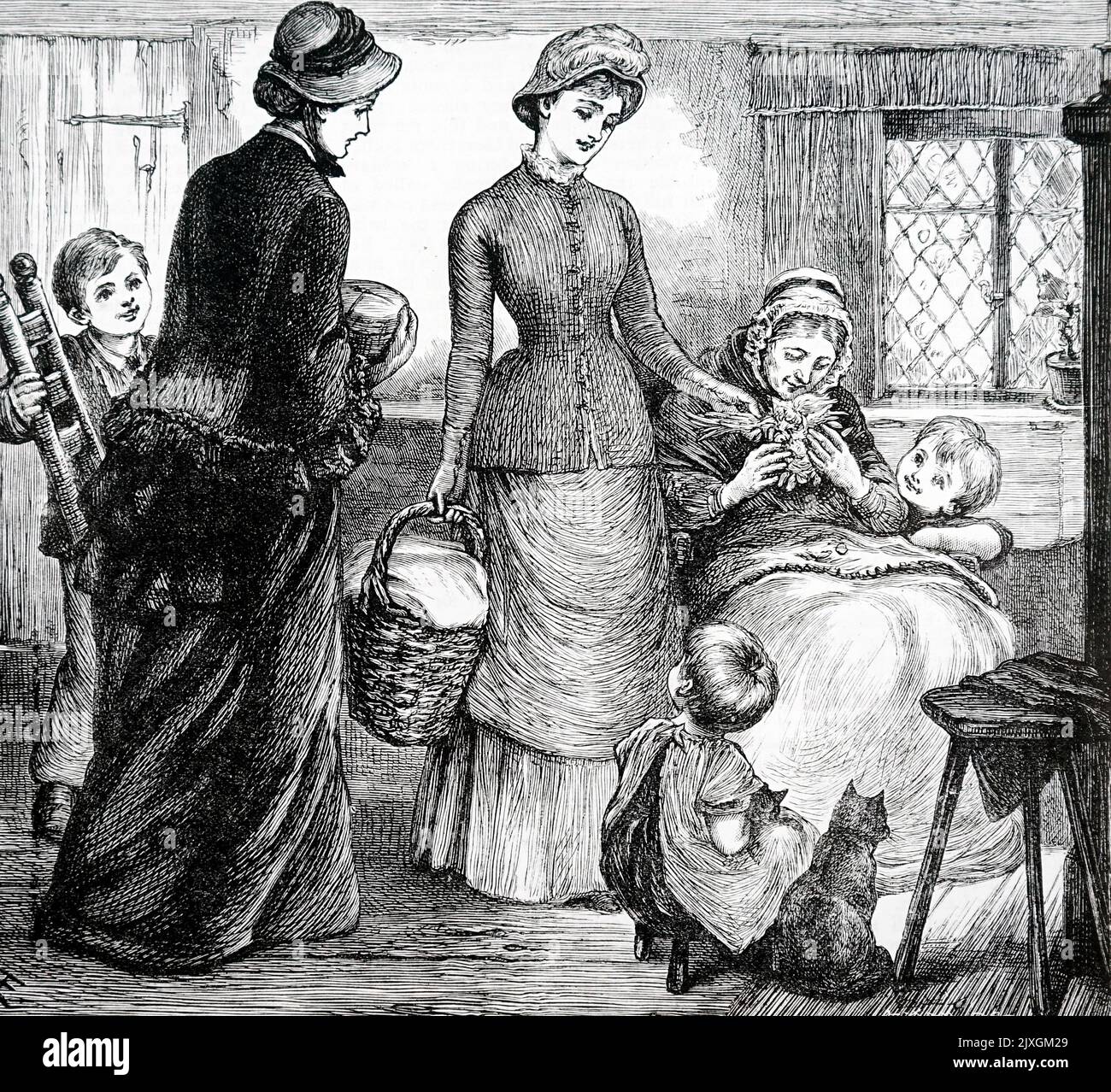 Illustration depicting a woman giving gifts to a poor cottager ...