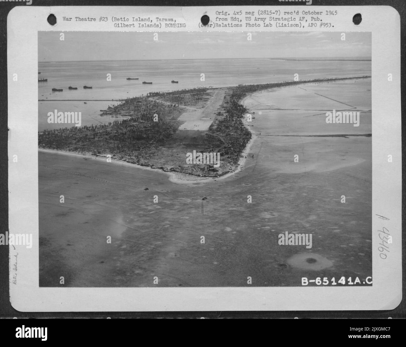 This Aerial View Showing Bomb Damage On Betio Island, Tarawa, Gilbert ...