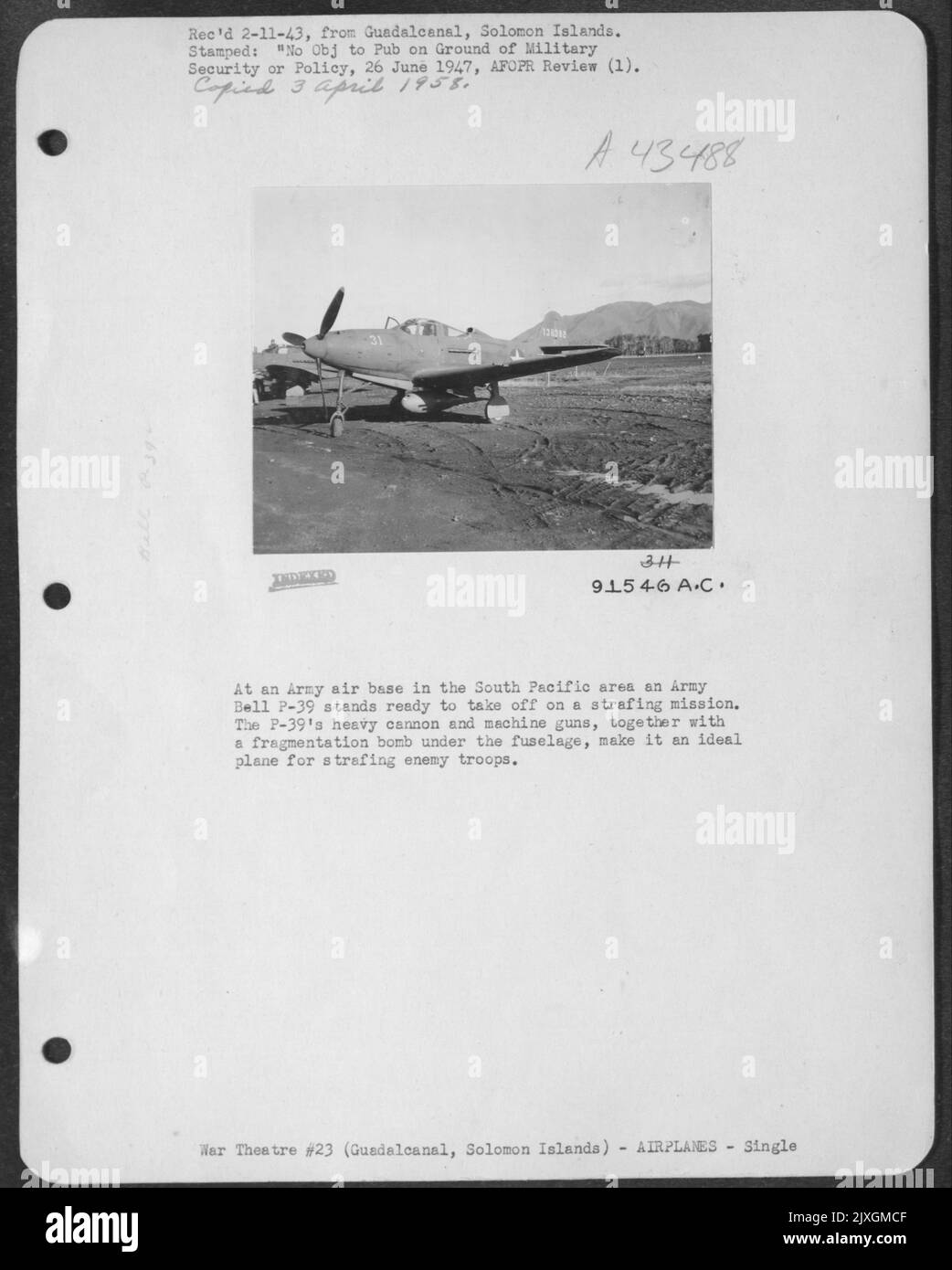 At An Army Air Base In The South Pacific Area An Army Bell P-39 Stands ...