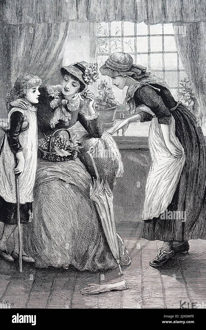 Illustration depicting a charitable lady visiting a poor family and ...