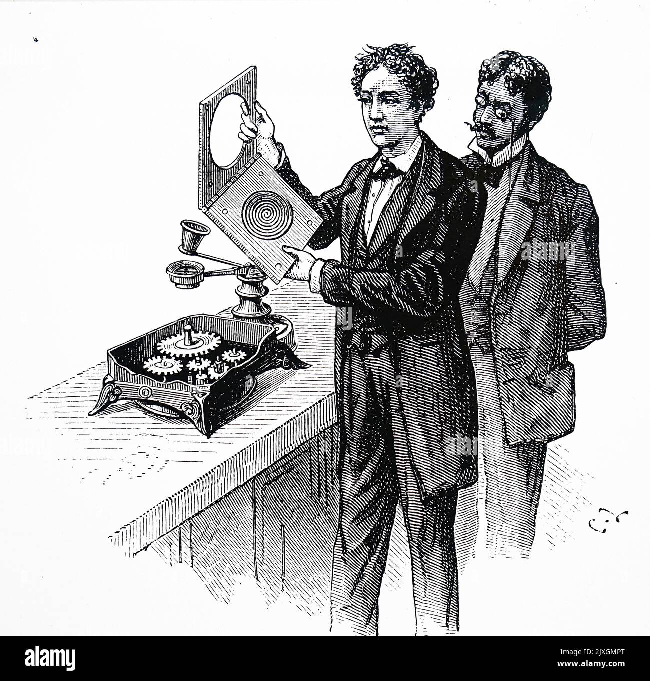Illustration of Edison's recording apparatus in use. The apparatus was ...