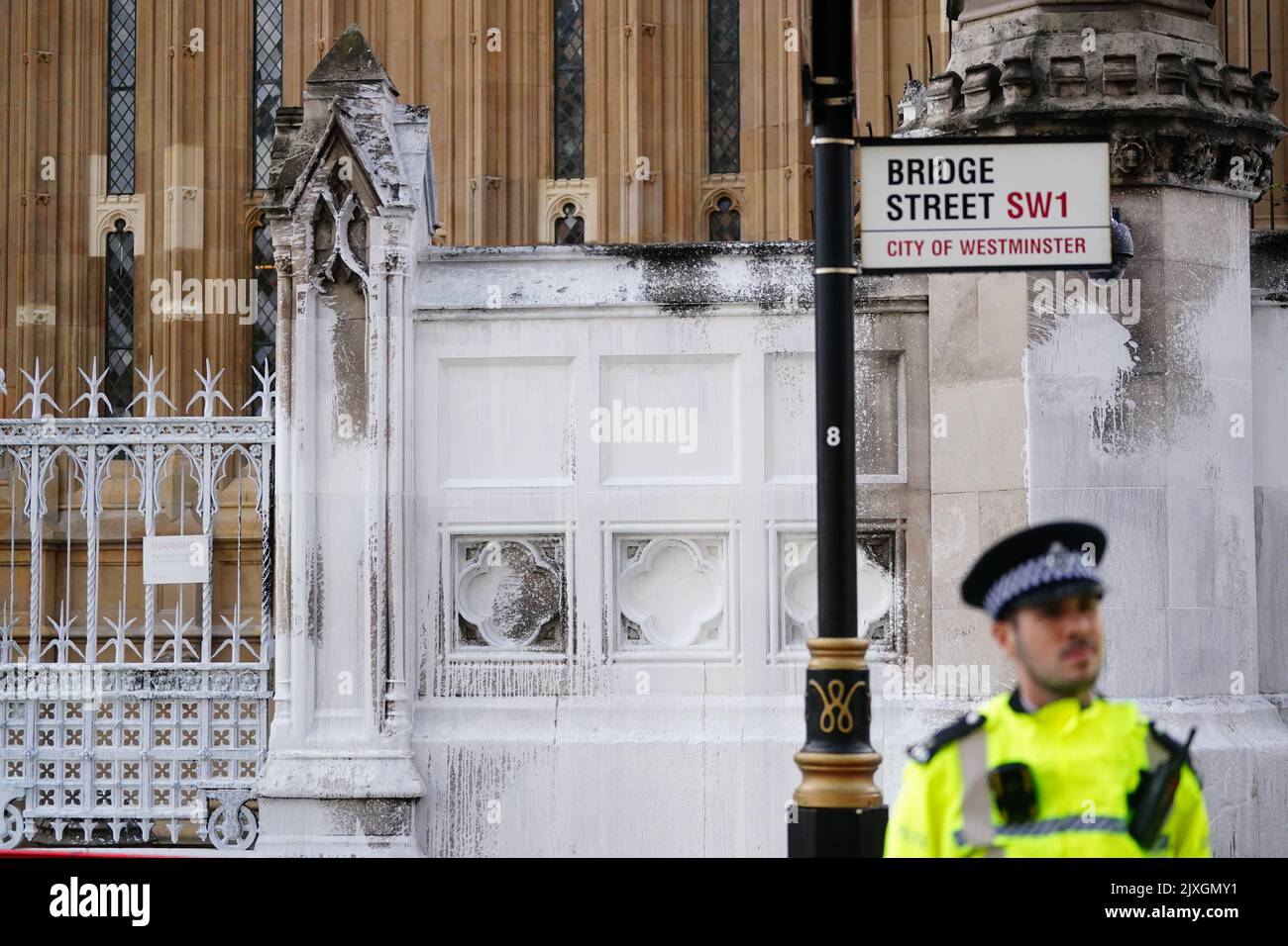 Paint covered walls outside the Houses of Parliament in London after ...