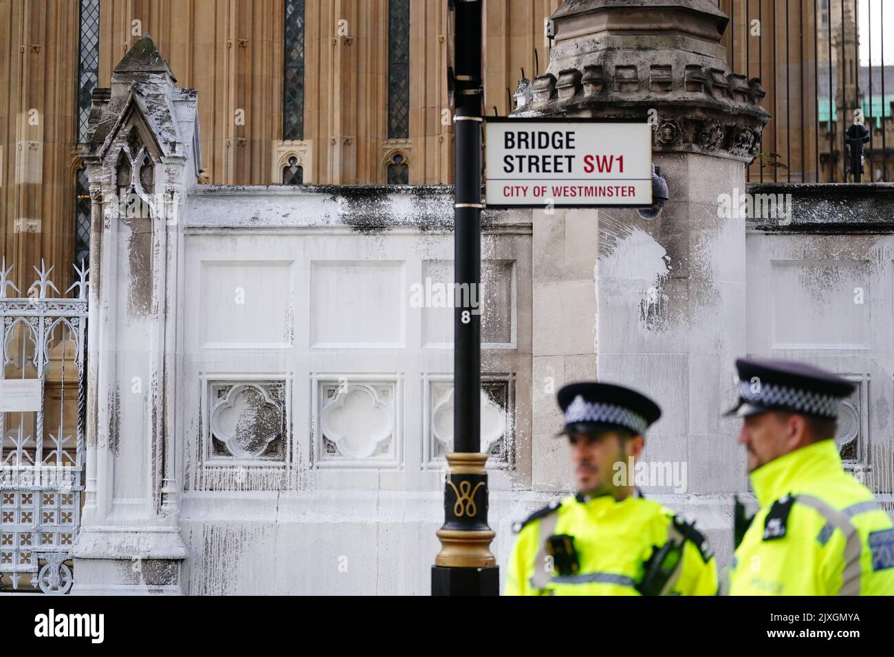 Paint covered walls outside the Houses of Parliament in London after ...