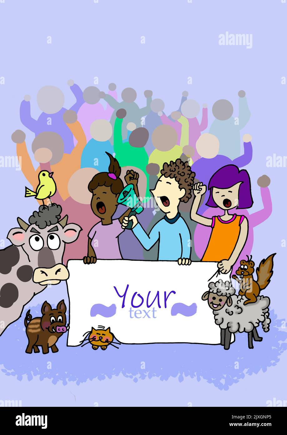 illustration of a multi-ethnic group of anti-speciesist people in the ...