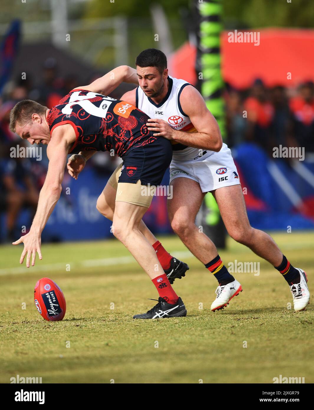 Tom McDonald of the Demons competes with Rory Atkins of the Adelaide ...