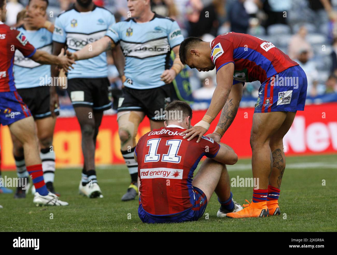 Ken Sio and Lachlan Fitzgibbon of the Knights after the Round 12 NRL ...