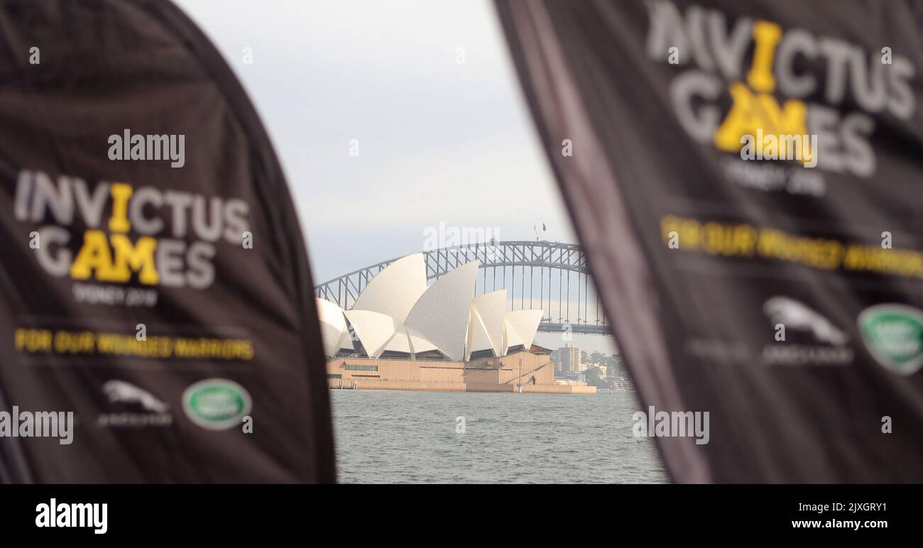 The Sydney Opera House is seen behind banners of the Invictus games ...