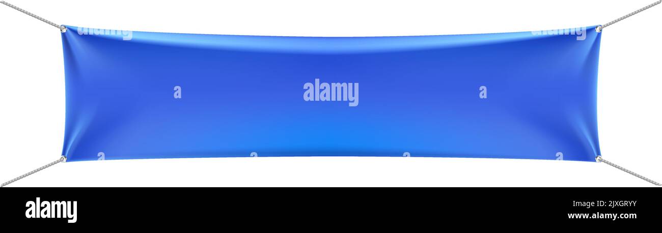 Blue textile banner hanging on strings. Realistic color mockup Stock ...