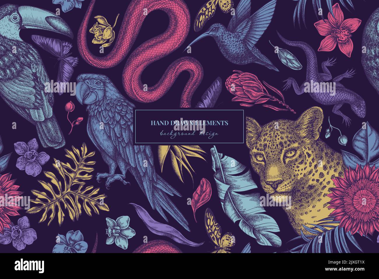 Tropical animals seamless pattern background design. Engraved style ...