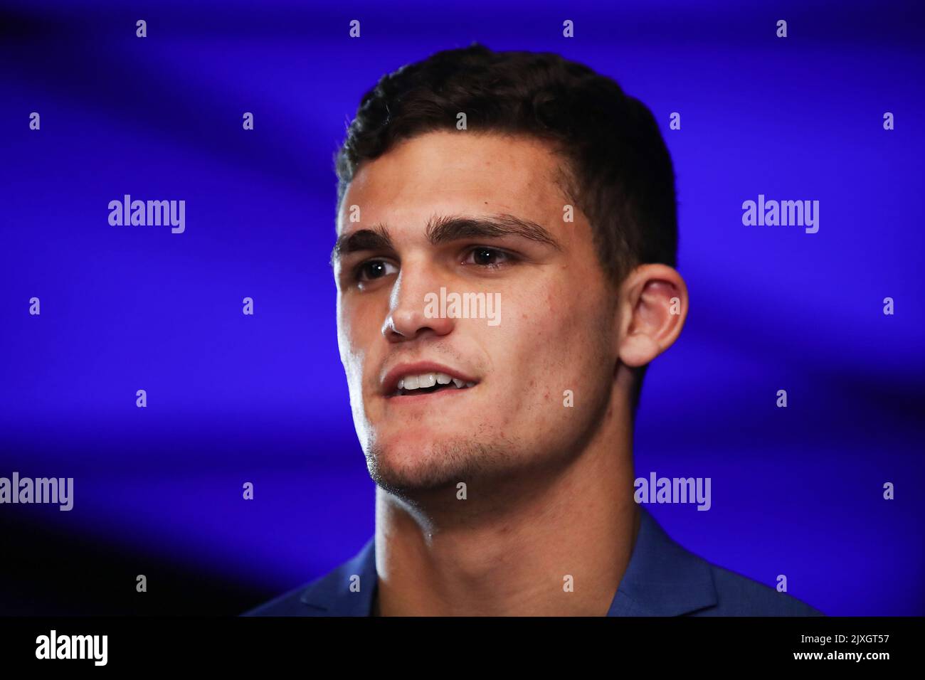 Nathan Cleary of the Blues speaks to the media during the NSW State of ...