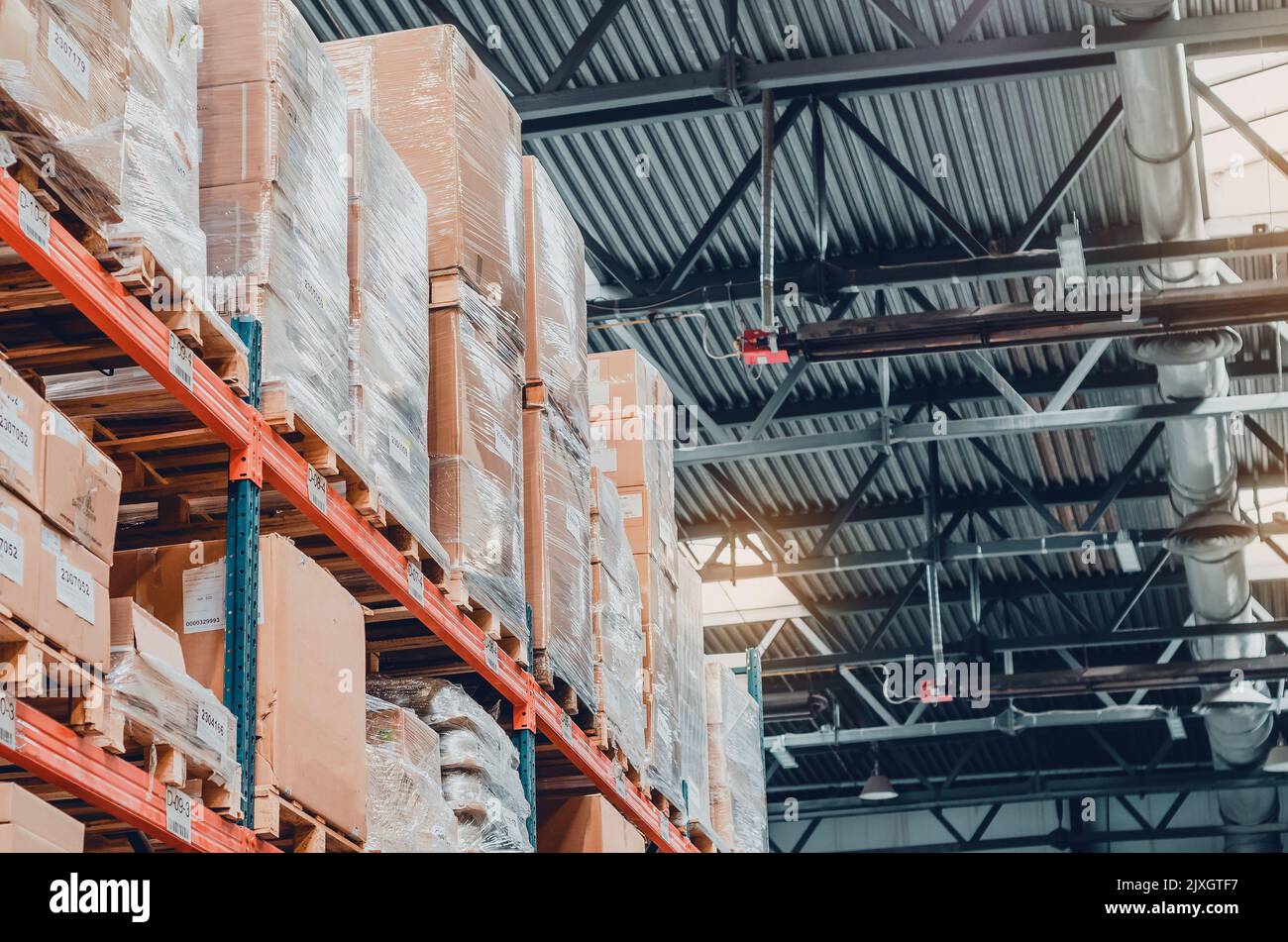 Background cardboard boxes inside warehouse. Logistics center. The ...