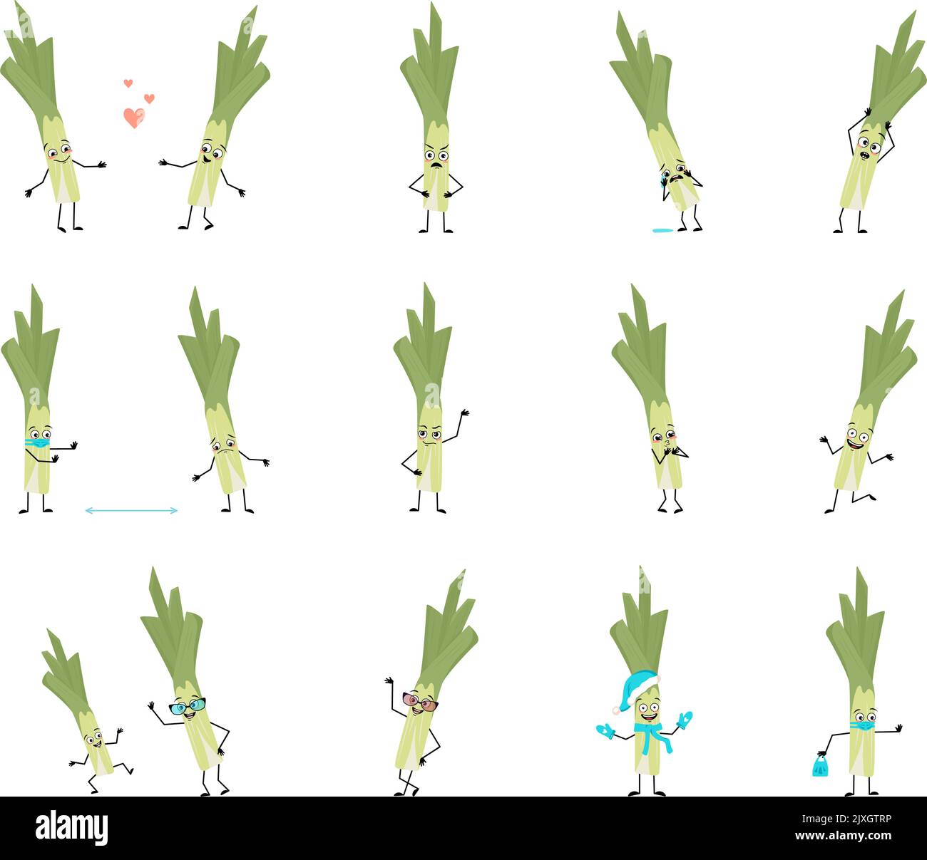 Set of cute green leek character with happy or sad emotions, panic ...