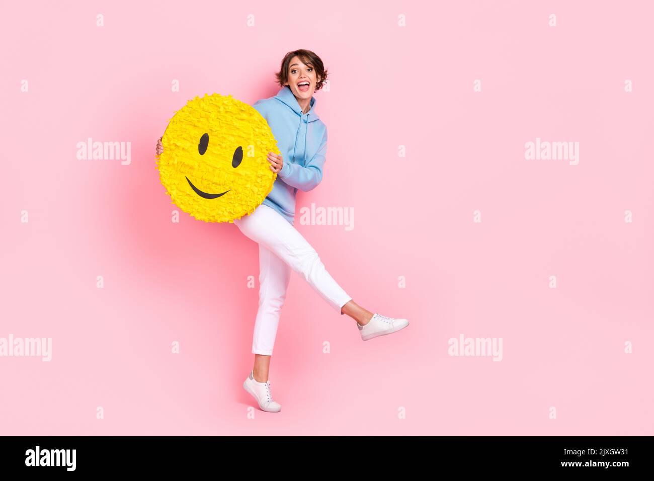 Full body portrait of overjoyed positive lady arms hold large big smile ...