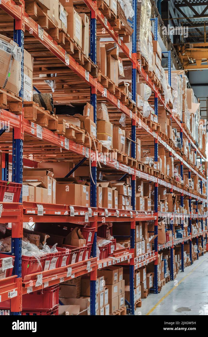 Industrial distribution, composition. Storage with high shelves. Rows ...