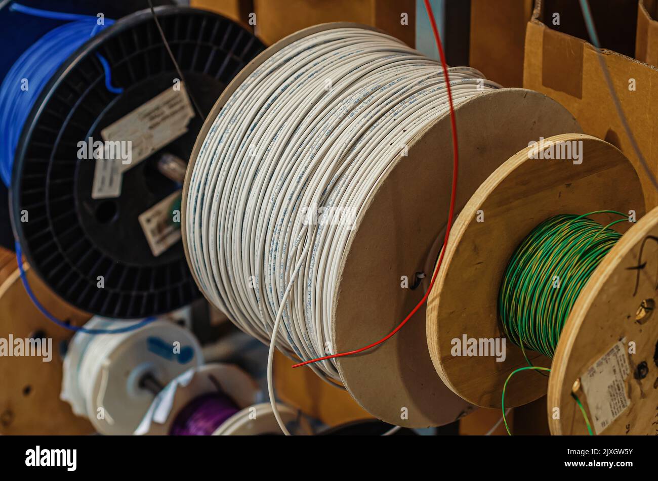 Production of wire, cable in bobbins at plant. Cable plant Stock Photo ...