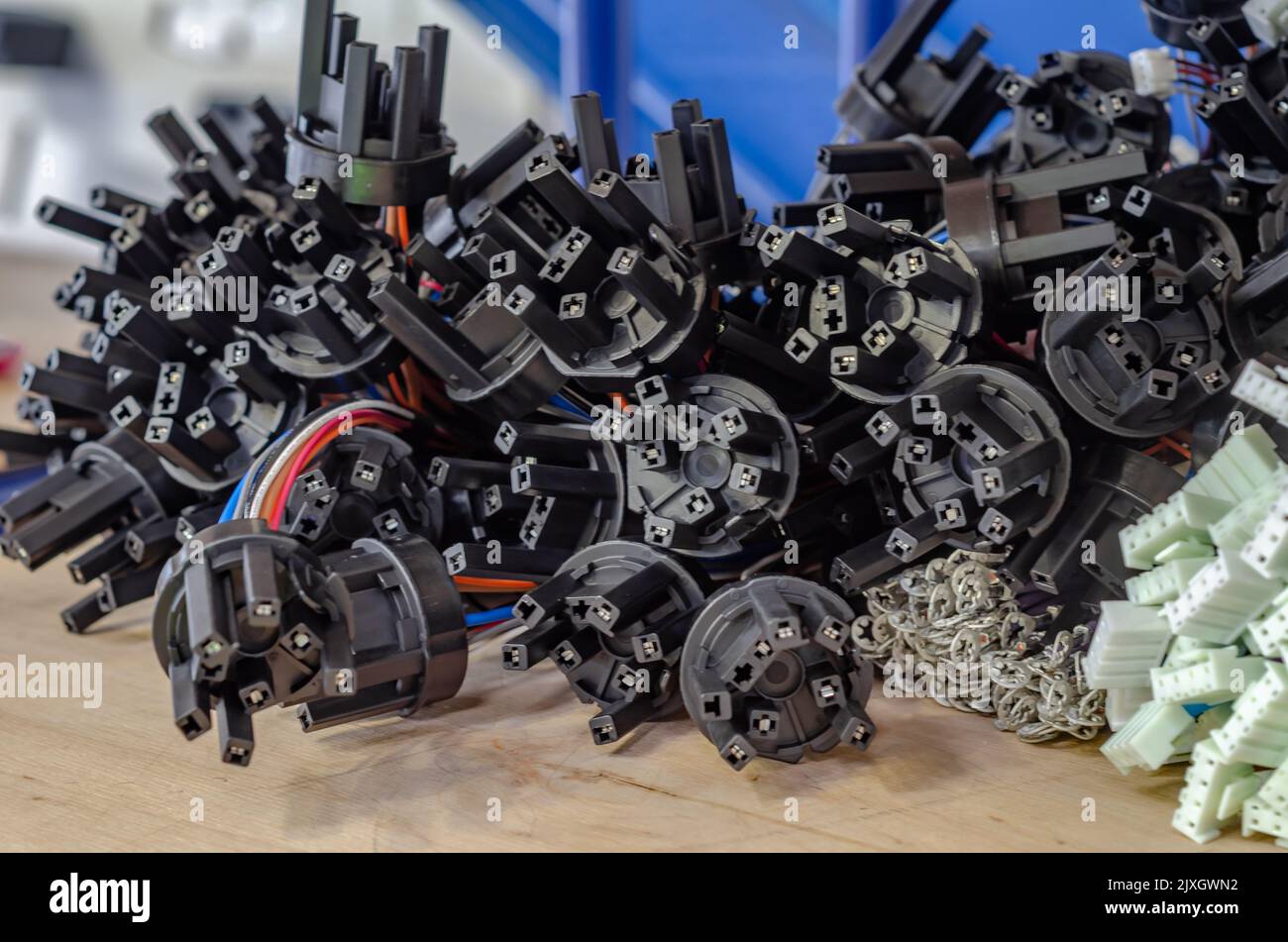 Bunch of colored cables, connections, wires. Lighting equipment ...