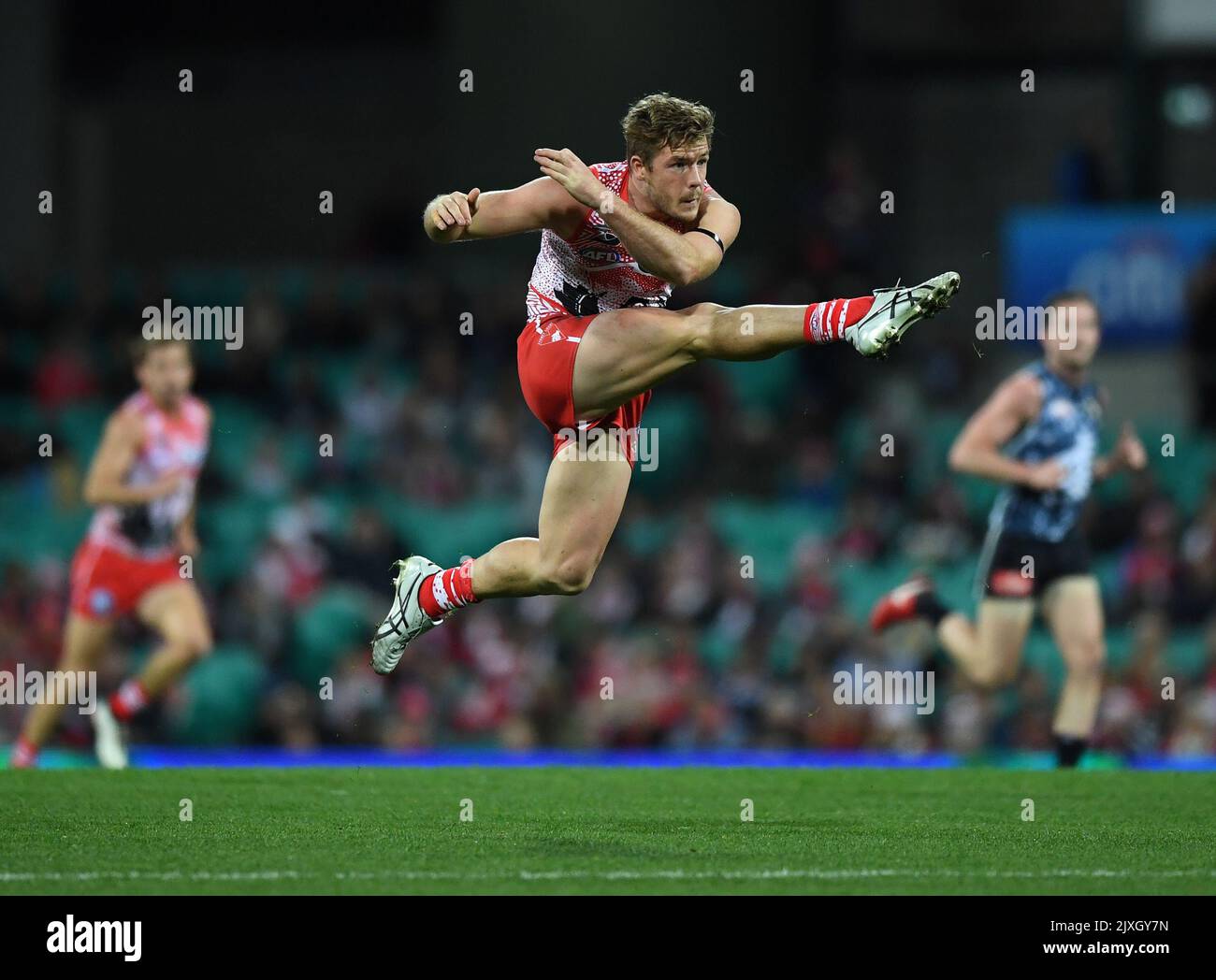 Luke Parker of the Swans kicks the ball at goal during the Round 11 AFL ...
