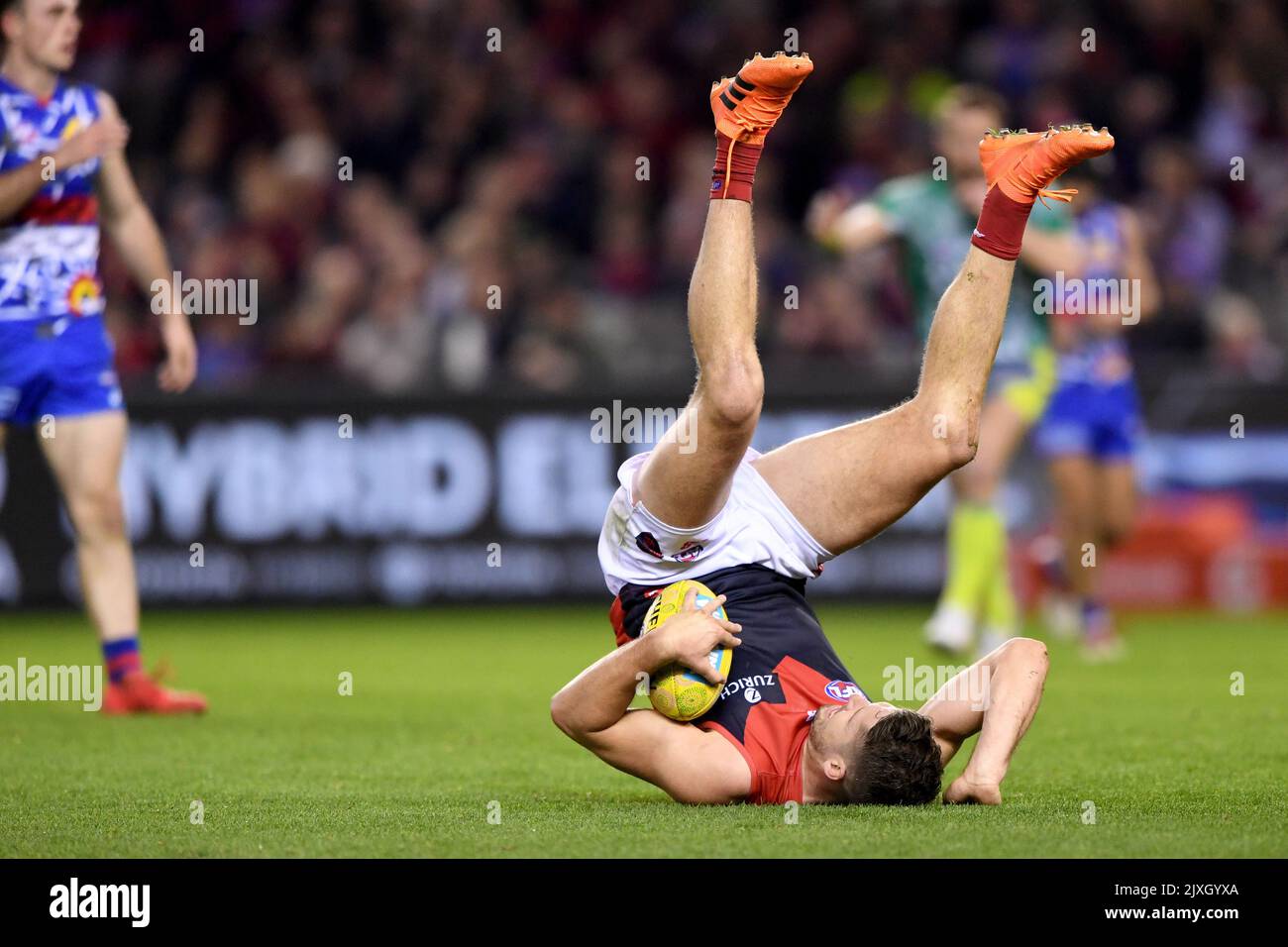 Jesse Hogan of the Demons takes a mark during the Round 11 AFL match ...