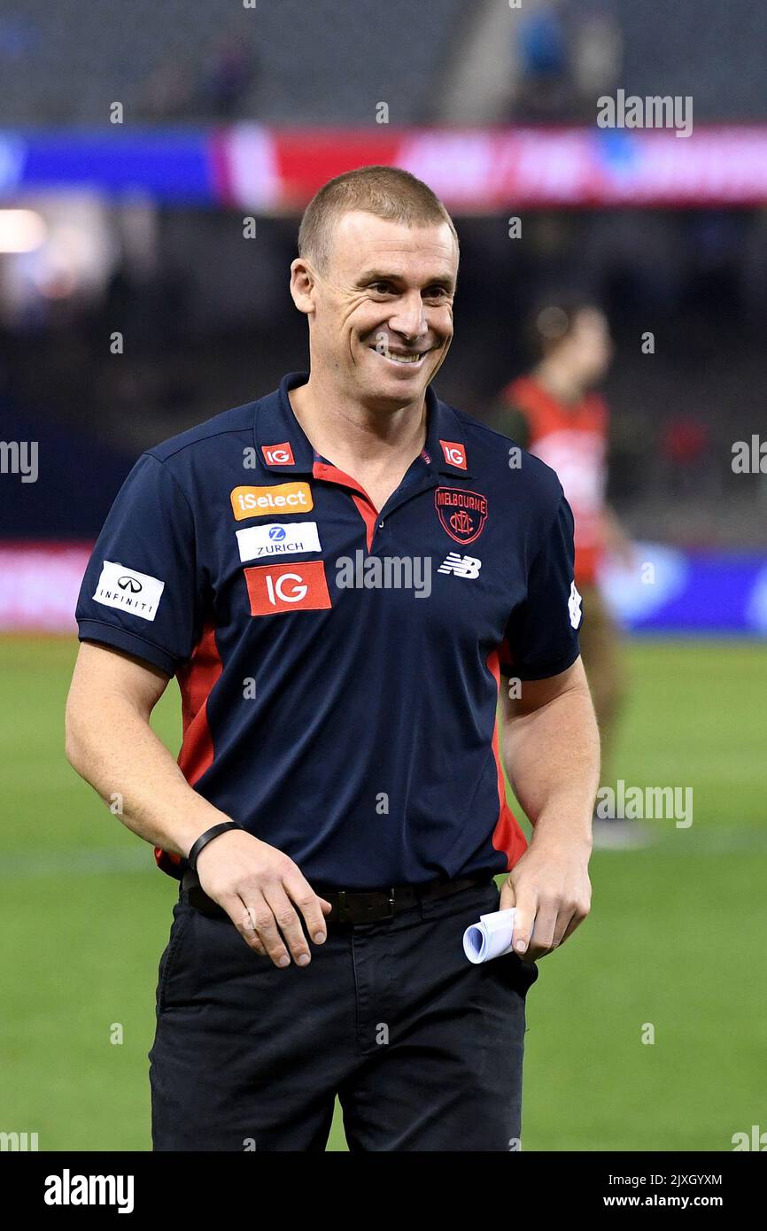Demons coach Simon Goodwin smiles after the team's win during the Round ...