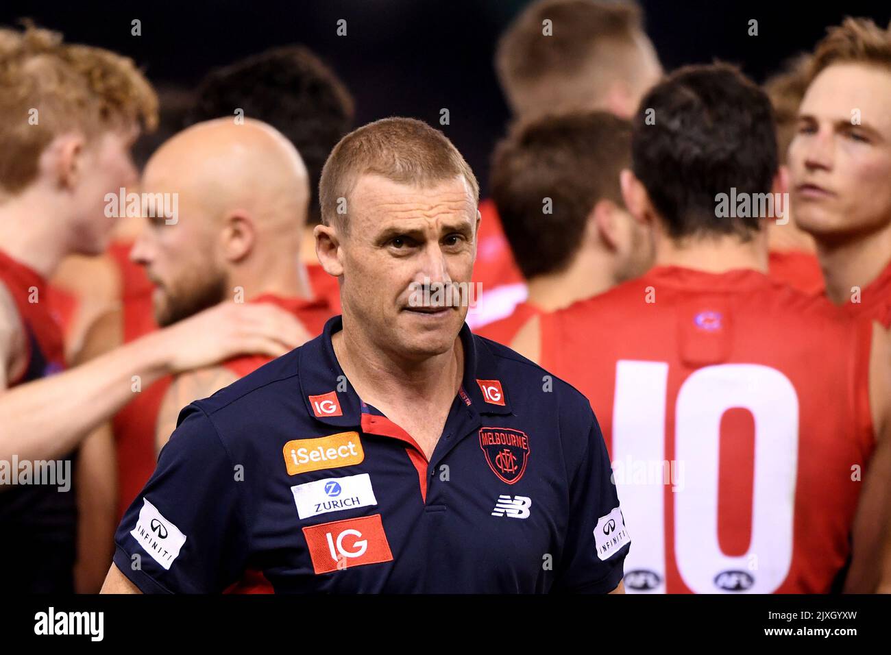 Demons coach Simon Goodwin is seen at the break during the Round 11 AFL ...