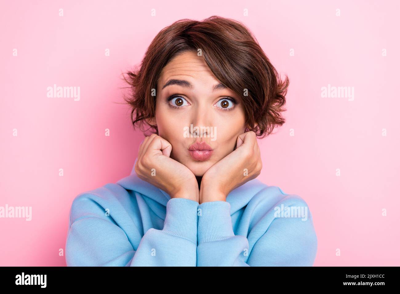 Closeup photo of young gorgeous nice pretty woman wear blue sweater ...