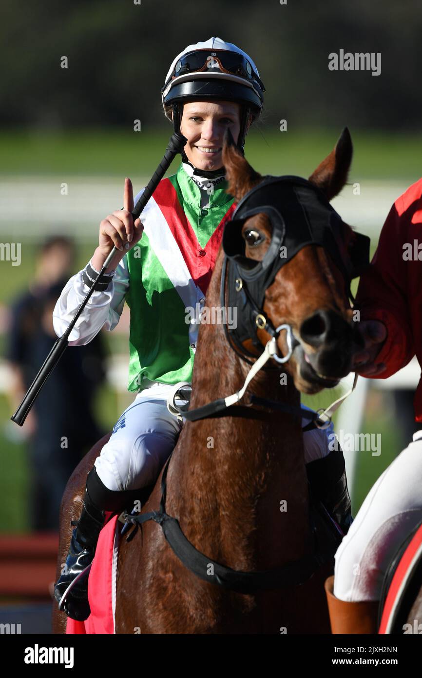 Jockey Stephanie Thornton reacts whilst riding Nordic Empire back to ...