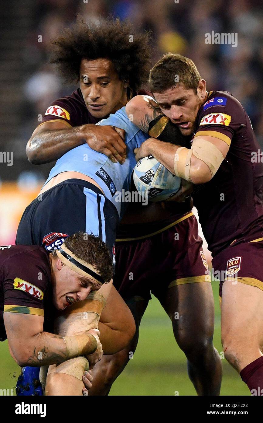 David Klemmer of the Blues is tackled during Game 1 of the 2018 State ...