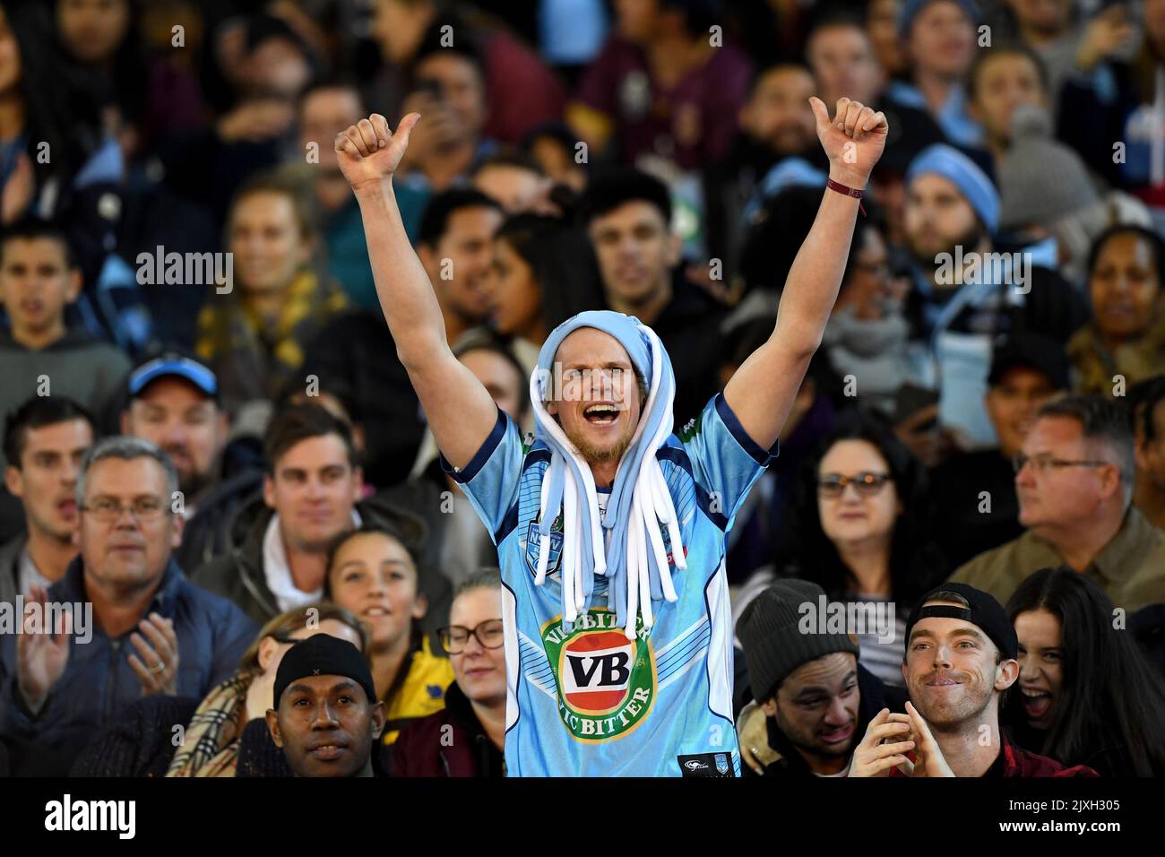 A Blues fan celebrates after a try during Game 1 of the 2018 State of ...