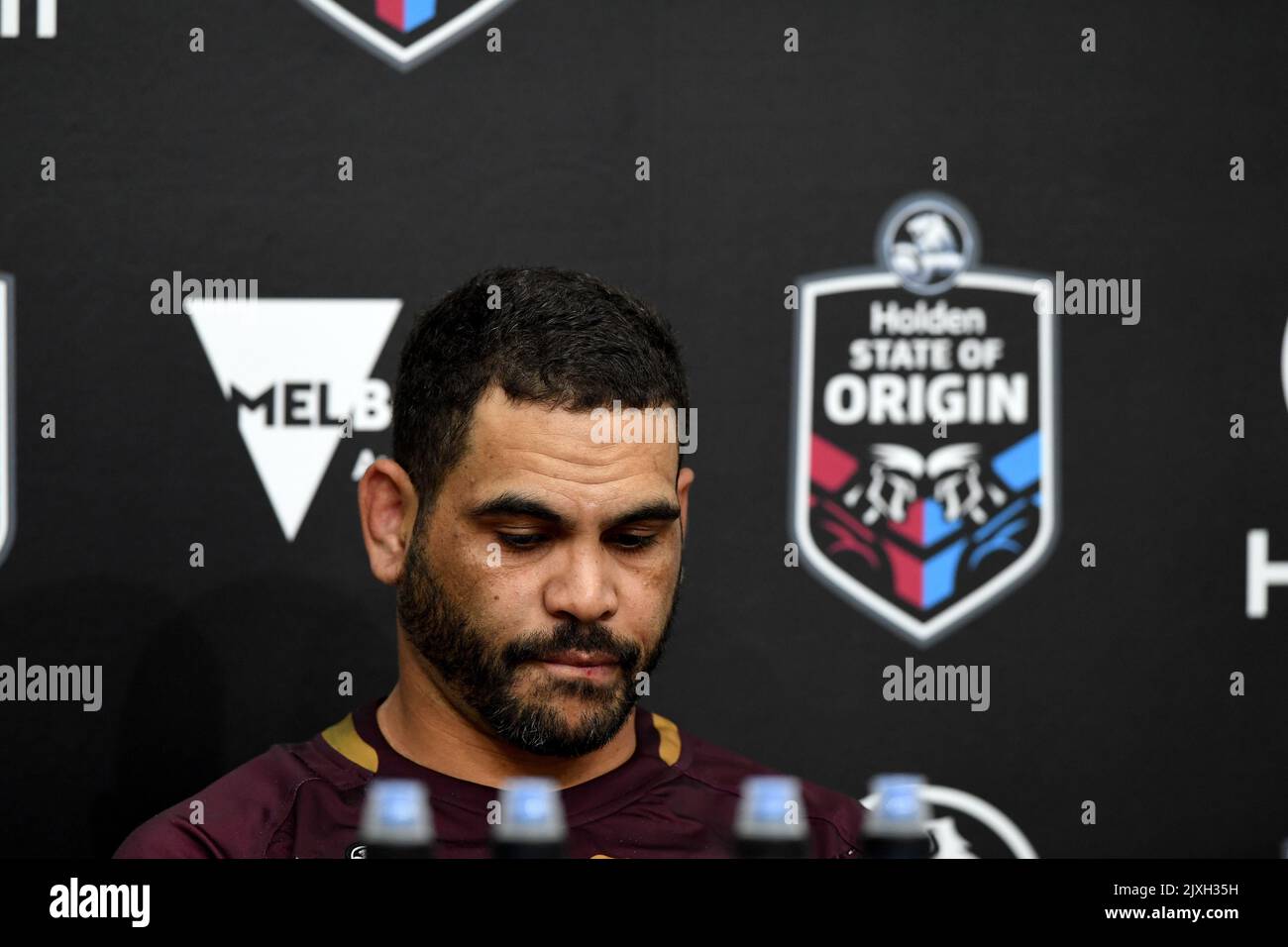 Greg Inglis of the Maroons is seen at the post match press conference ...