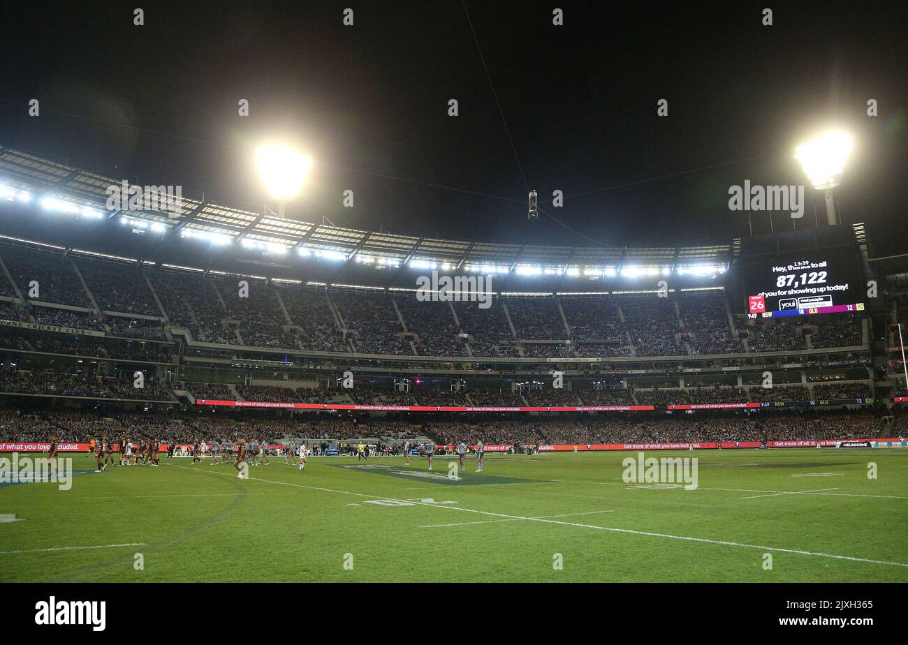 The scoreboard shows the crowd of 87,122 during Game 1 of the 2018 ...