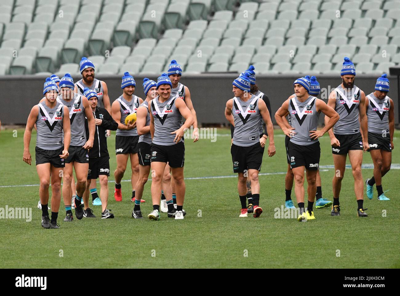 Port Adelaide Power players are seen during the captains run training ...