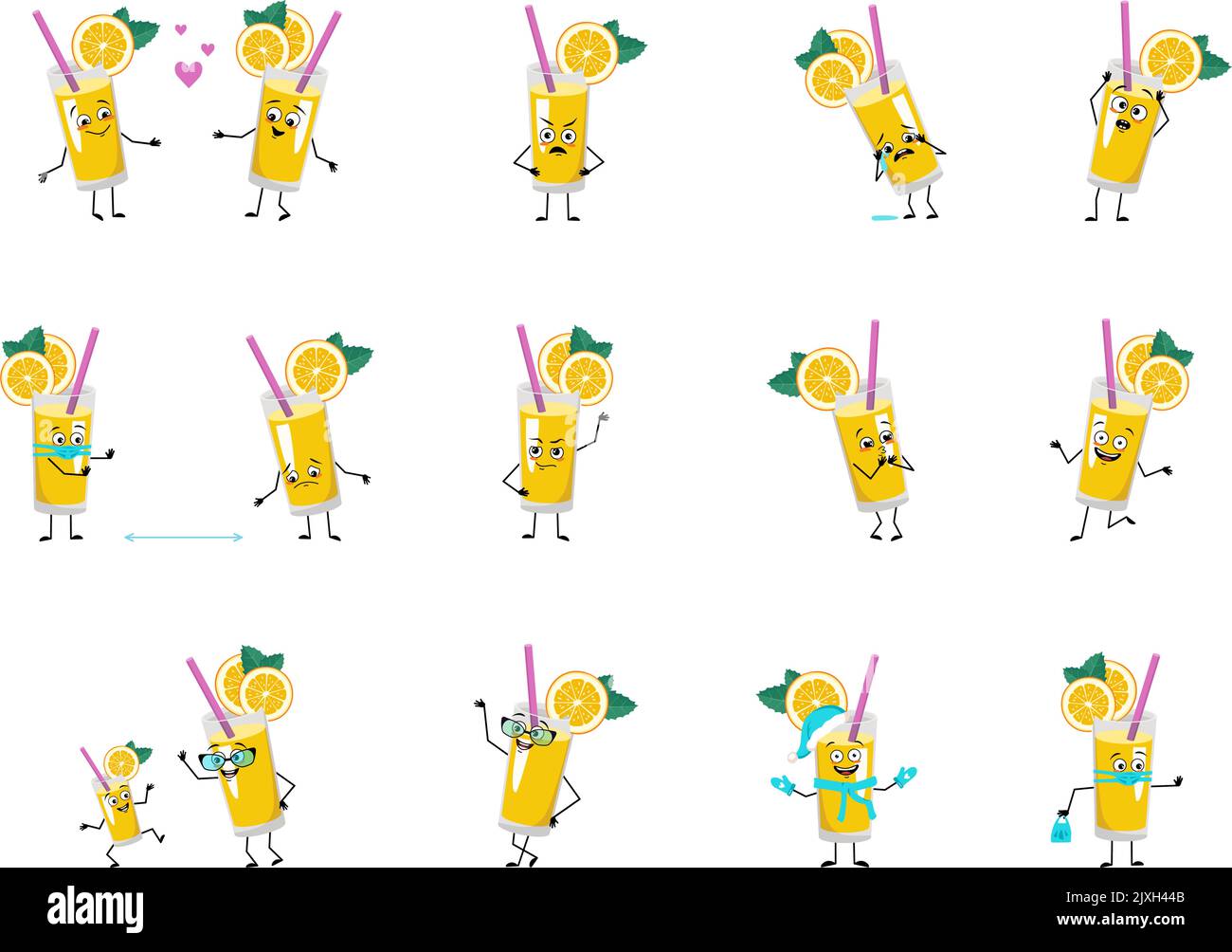 Set of orange smoothie with fruit and straw character with happy or sad ...