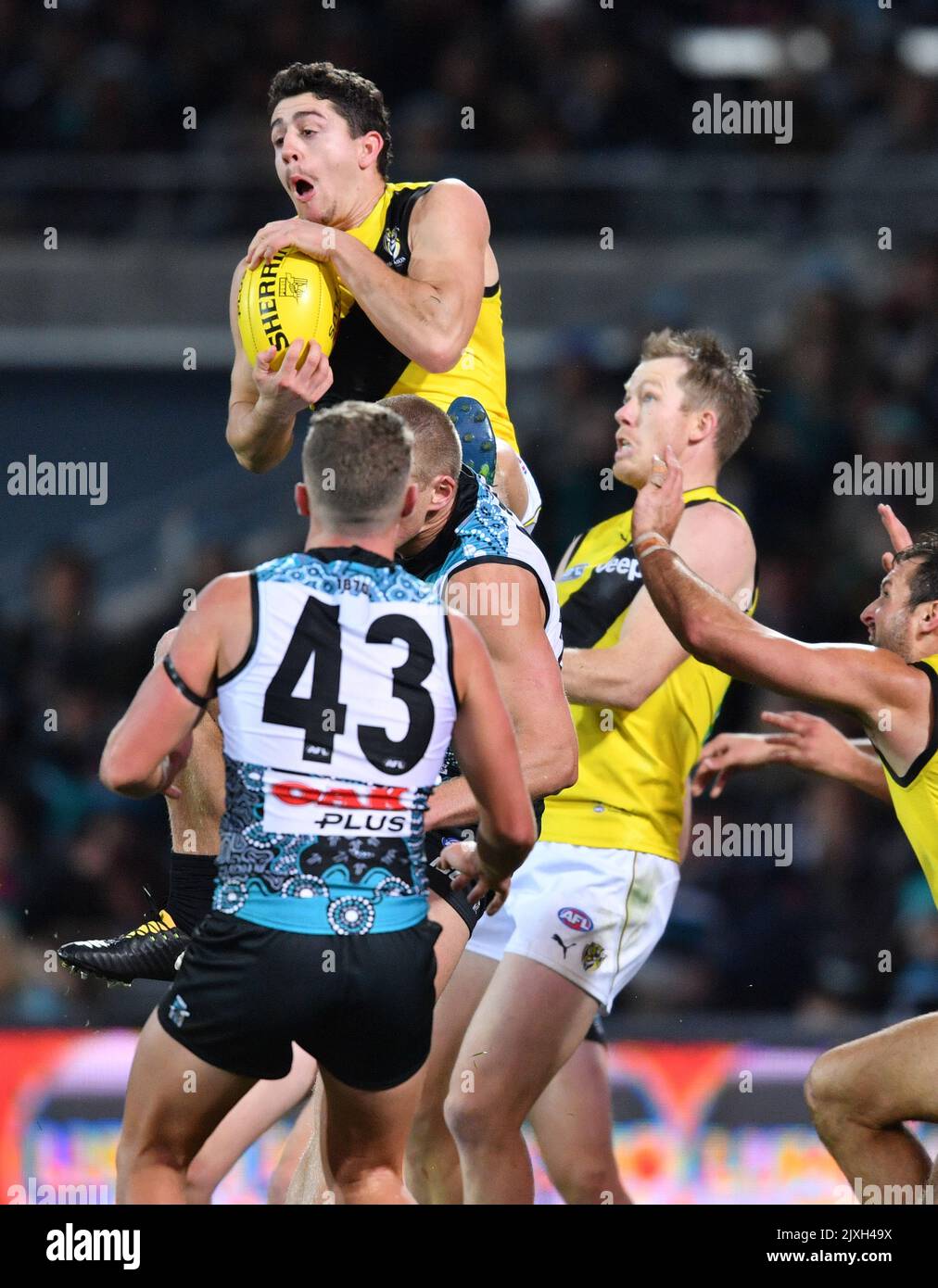 Jason Castagna of the Tigers takes a mark during the Round 12 AFL match ...