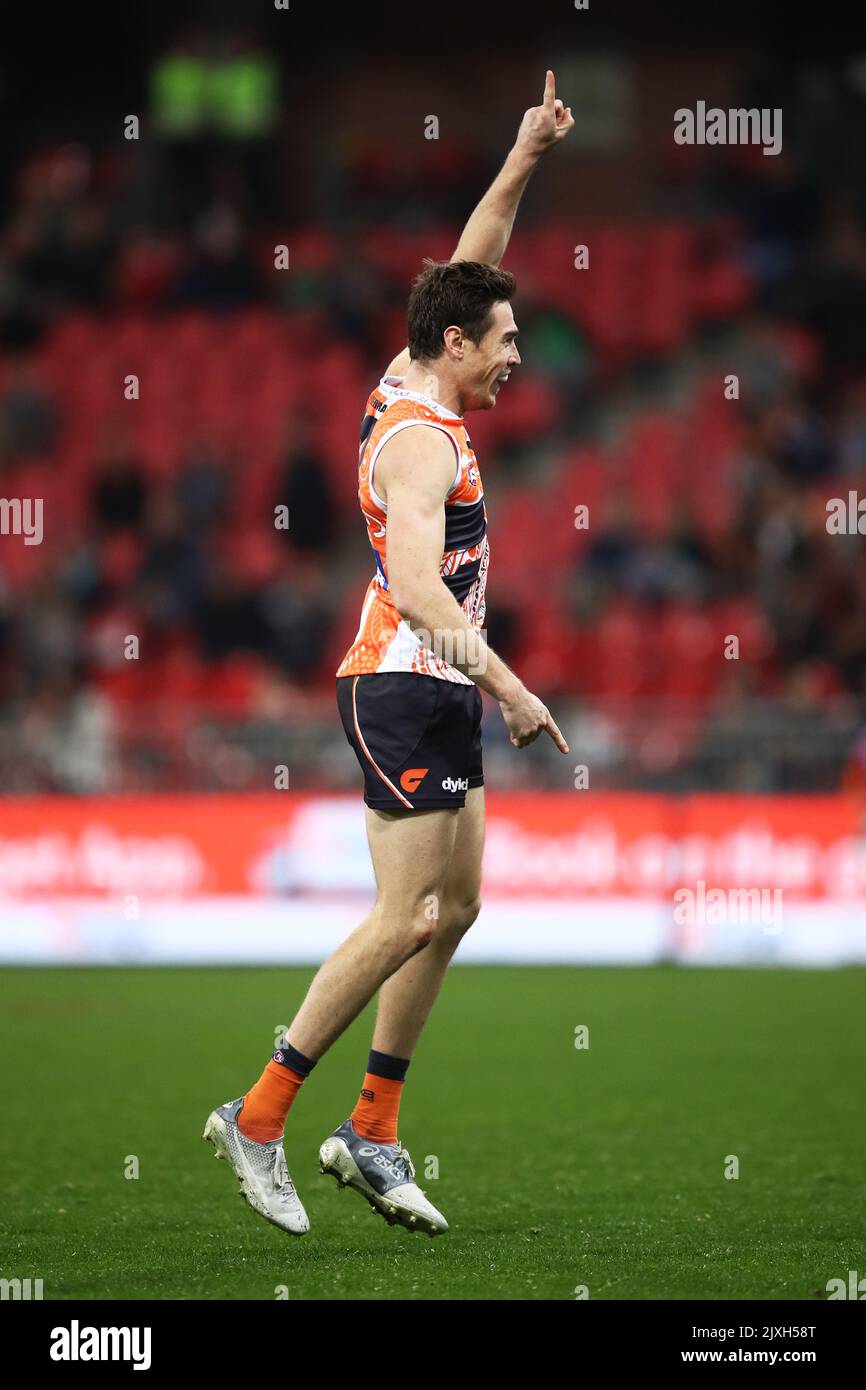 Jeremy Cameron of the Giants celebrates after kicking a goal during the ...