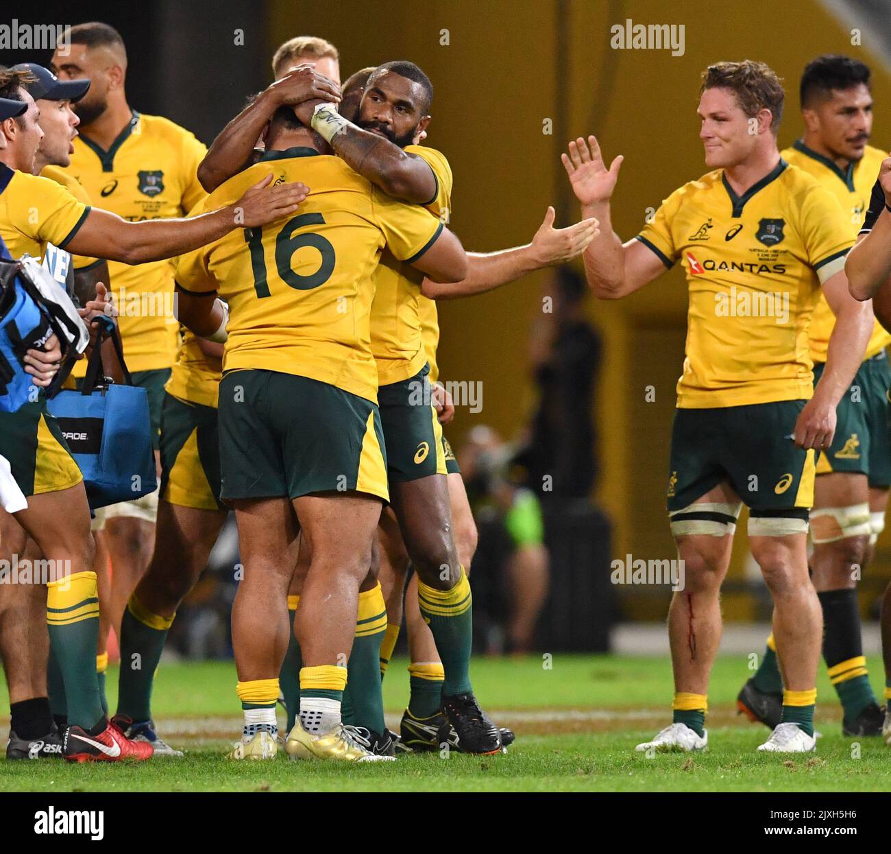 Wallabies players are seen celebrating winning the First Test between ...
