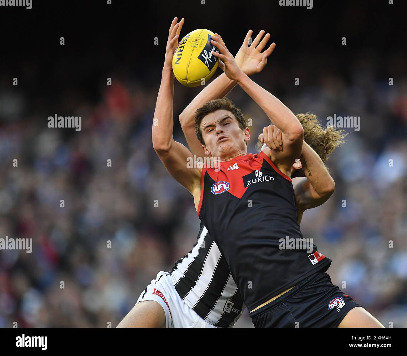 Bayley Fritsch of the Demons (left) and Chris Mayne of the Magpies ...