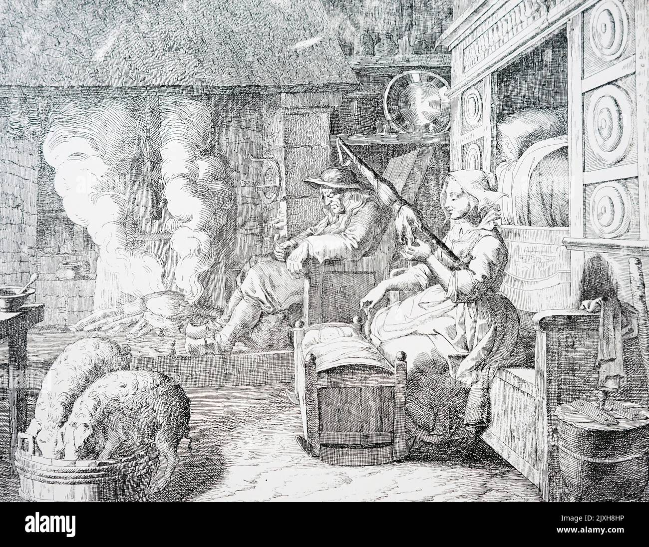 Illustration depicting a typical 17th Century peasant cottage with an ...