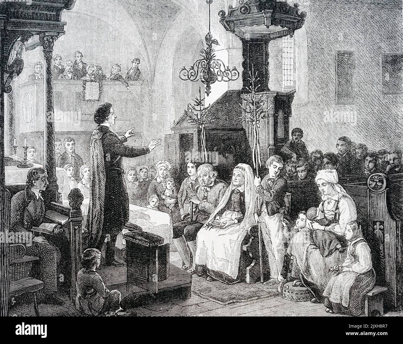 Illustration depicting a midnight mass service at the village church ...