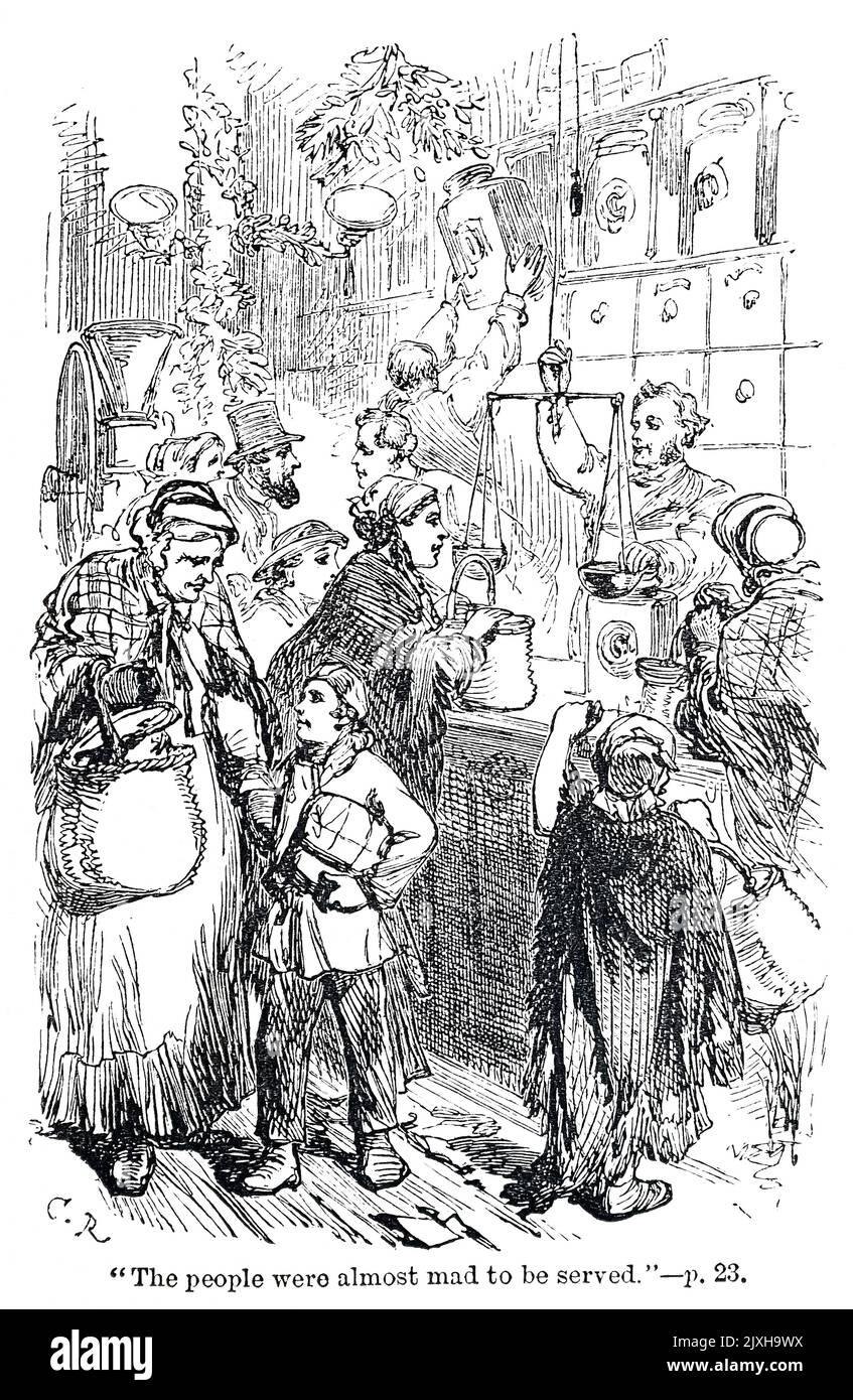 Illustration depicting a busy shopping scene during the Christmas ...