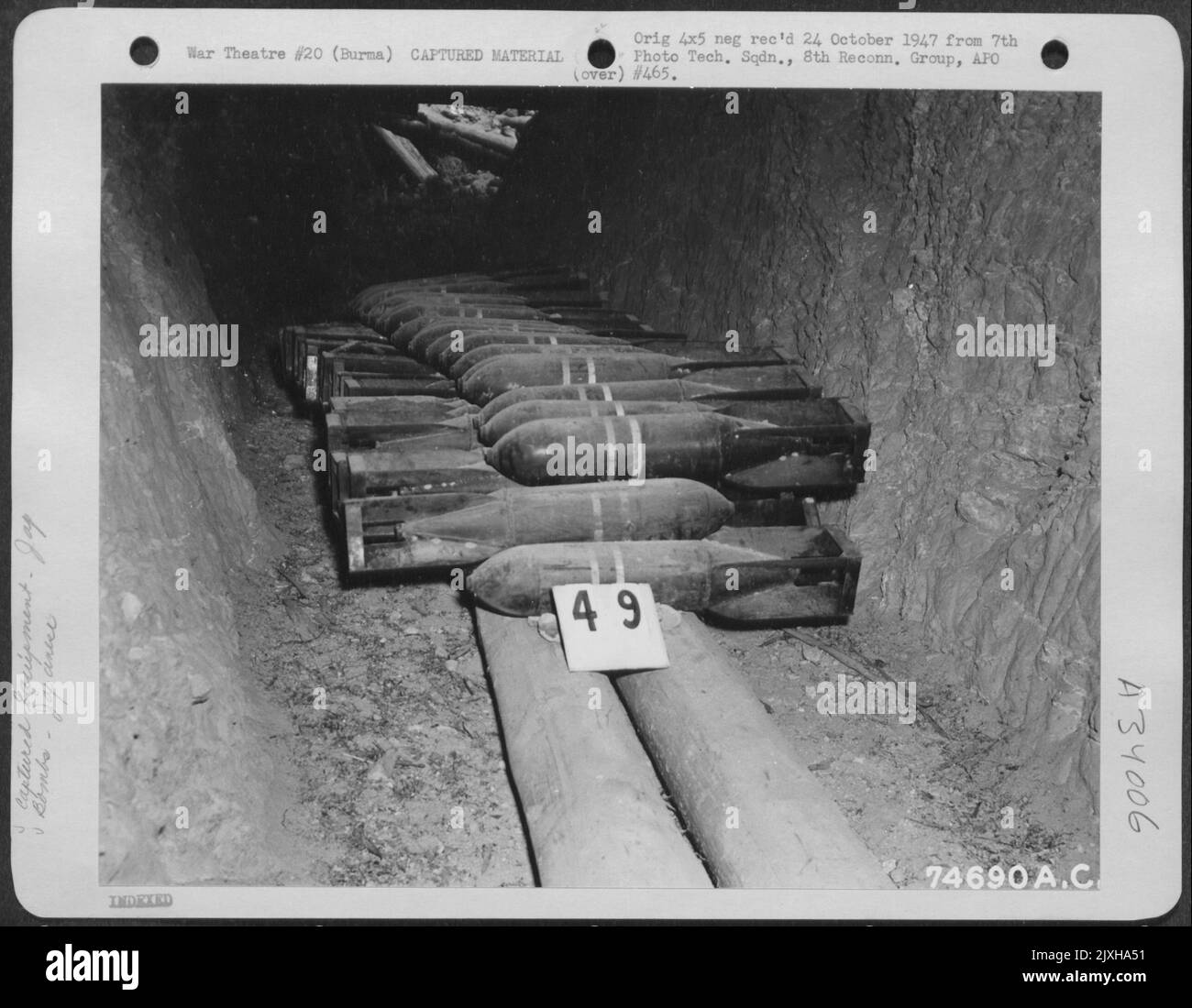 Captured Japaneseanese bombs in under ground storage area at Meiktila ...