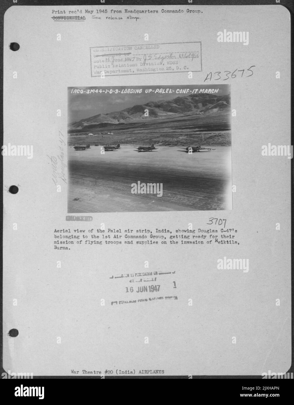 Aerial view of the Palel air strip, India, showing Douglas C-47's ...