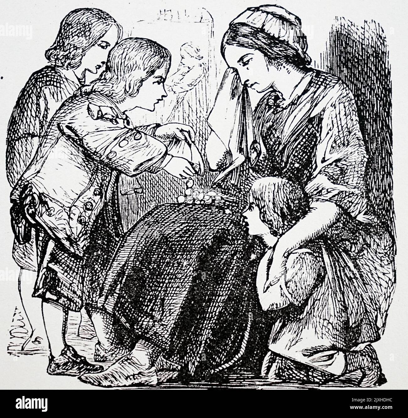 Illustration depicting a young boy giving charity to a destitute mother ...