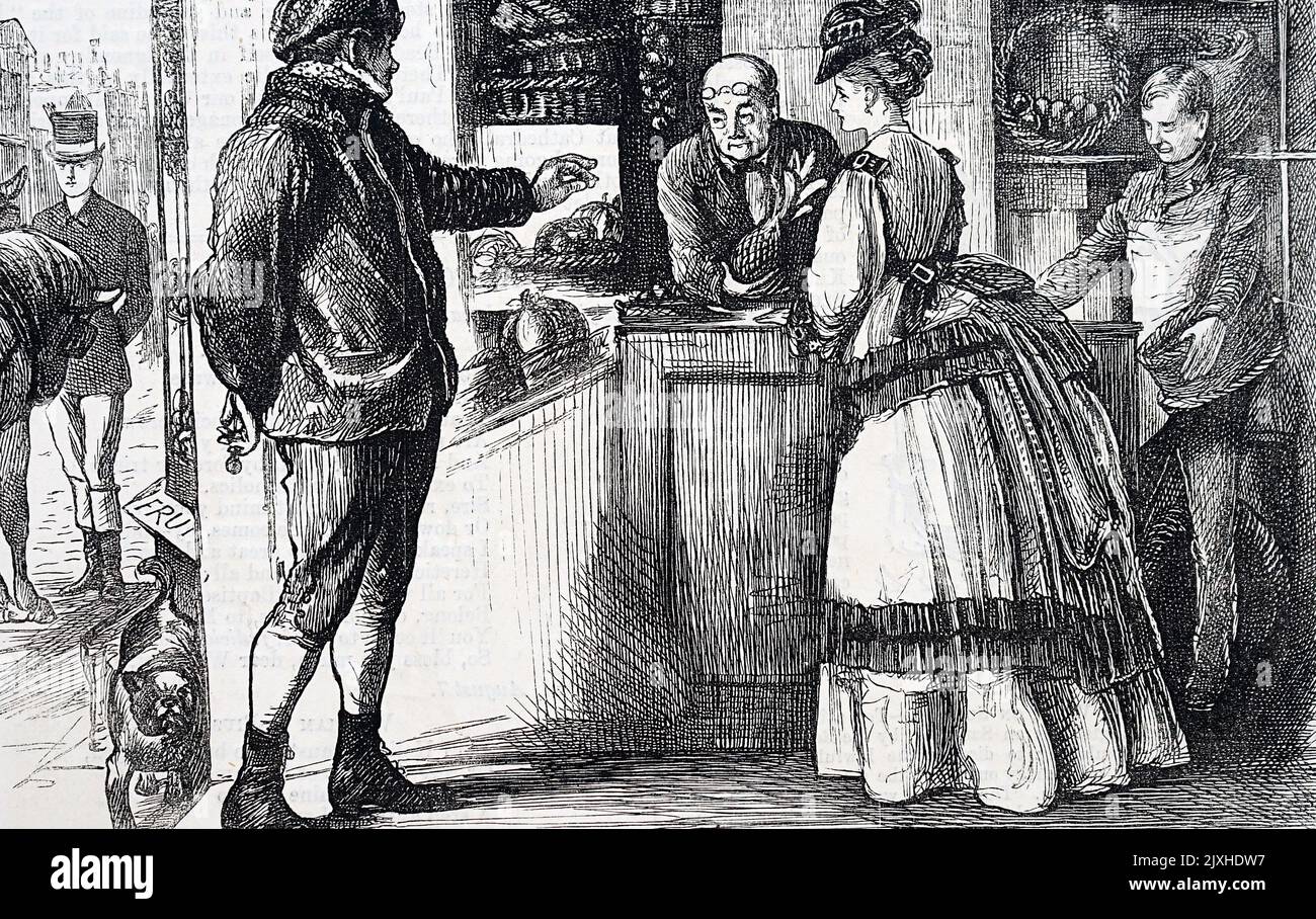 Illustration depicting a busy shop scene showing a woman buying some ...