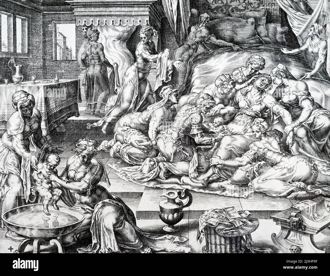 Tamar giving birth to Pharez & Sarah. Midwife (old woman) delivers ...