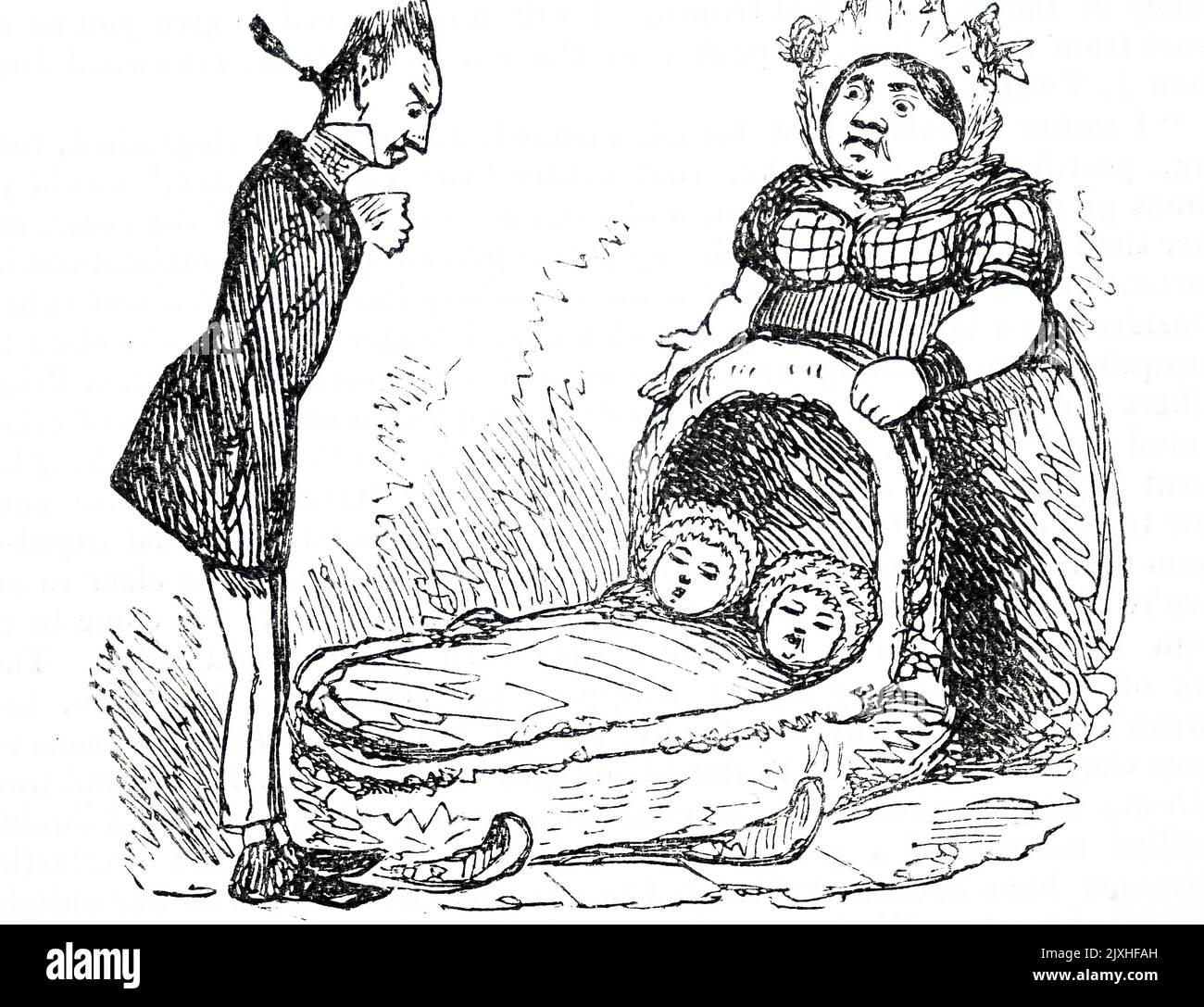 Cartoon depicting a mother and her twin infants in a pram. Dated 19th ...