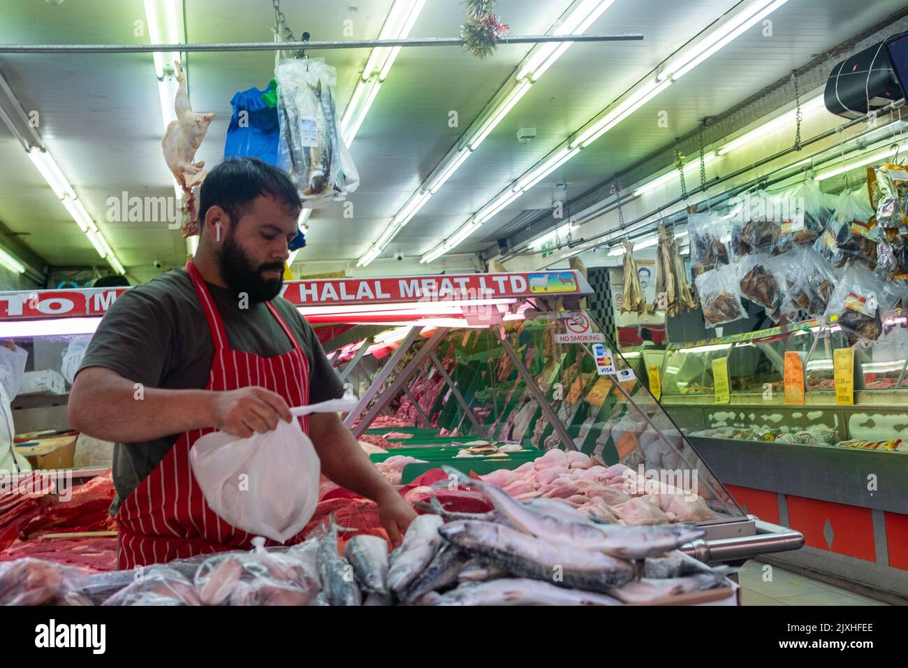 London- August 2022: Halal butcher on Electric Avenue, a famous ...