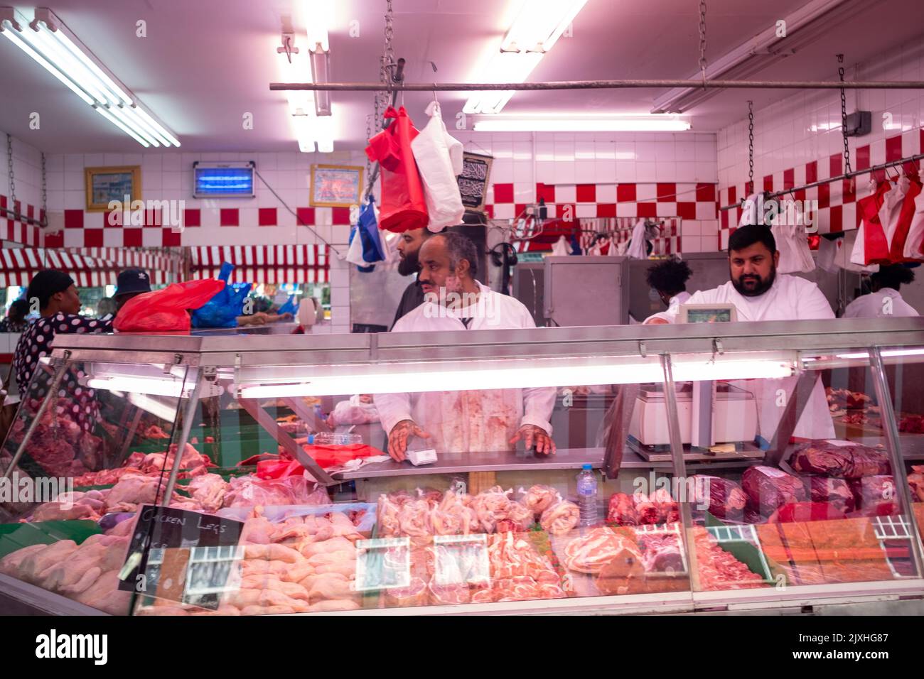 London- August 2022: Halal butcher on Electric Avenue, a famous ...