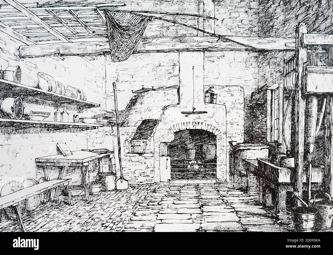 Illustration depicting a Farm Kitchen. Dated 19th Century Stock Photo ...