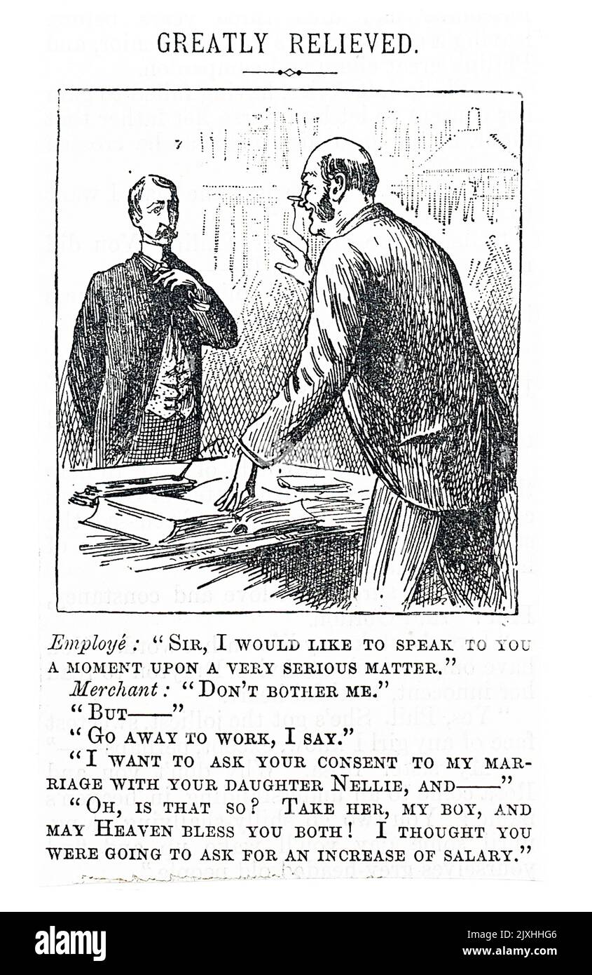 Cartoon titled 'Greatly Relieved' depicting an employee and employer ...