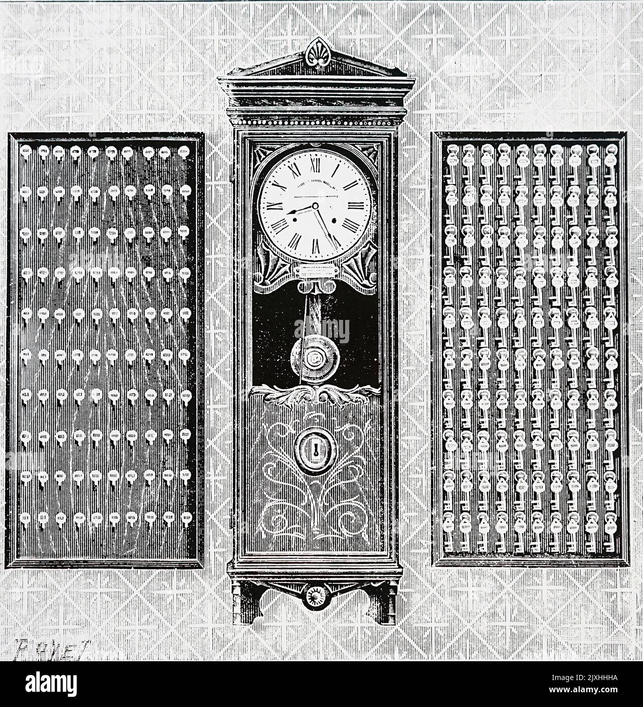 Illustration depicting a check-clock, used by workmen to record the ...